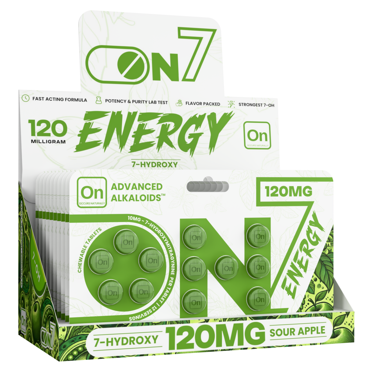 On7 7-OH Energy Tablets Sour Apple 120mg 12ct | PaylessKratom