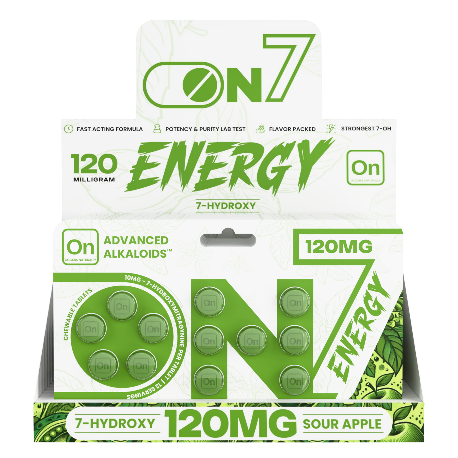 On7 7-OH Energy Tablets Sour Apple 120mg 12ct | PaylessKratom