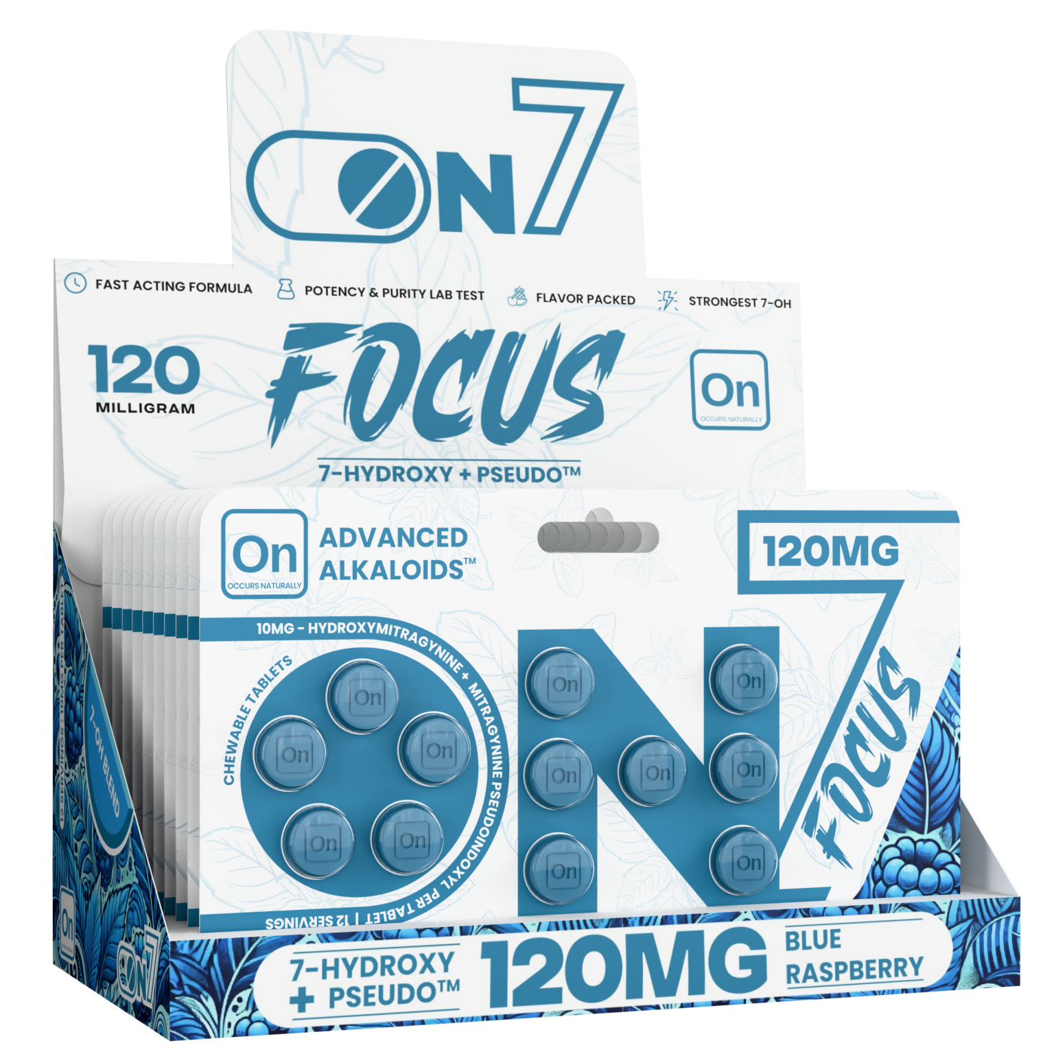 On7 7-OH+ Pseudo Focus Tablets Blue Raspberry 120mg 12ct | PaylessKratom