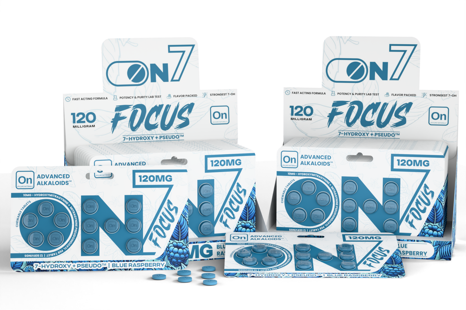 On7 7-OH+ Pseudo Focus Tablets Blue Raspberry 120mg 12ct | PaylessKratom