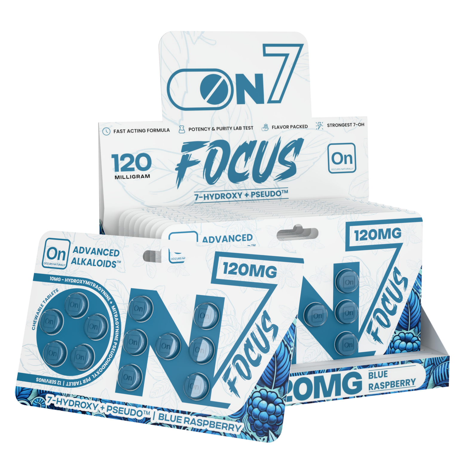 On7 7-OH+ Pseudo Focus Tablets Blue Raspberry 120mg 12ct | PaylessKratom